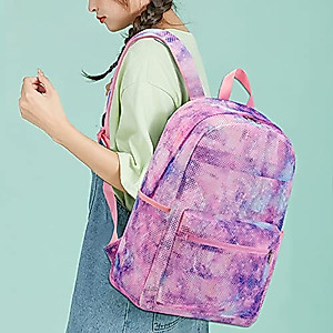 CAMTOP Mesh Backpack for Kids Girls Semi-Transparent See Through Sturdy School Bookbag Casual Daypack for Beach Swim Work Gym (Tie Dye Pink)