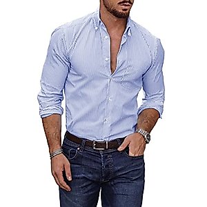 Renaowin Mens Dress Shirt with Front Pocket Regular Fit Pinpoint Stripe Button Down Long Sleeve Shirts US 40(M) Sky Blue