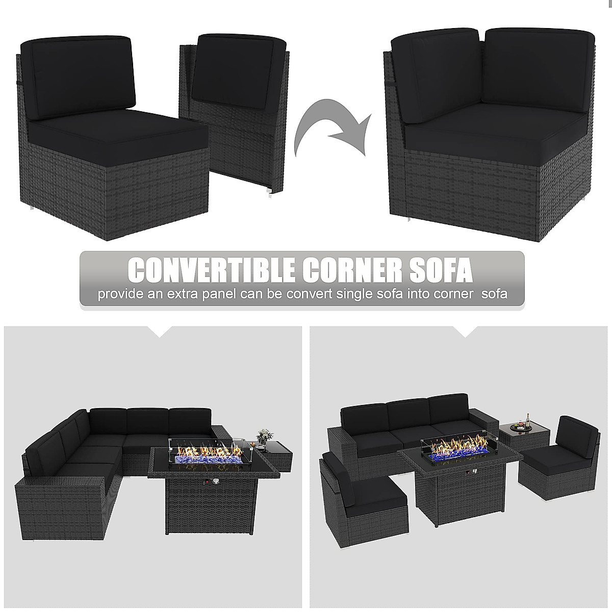 LayinSun 7 Pieces Outdoor Patio Furniture Set with 44" Fire Pit Table Rattan Sectional Sofa Conversation Sets