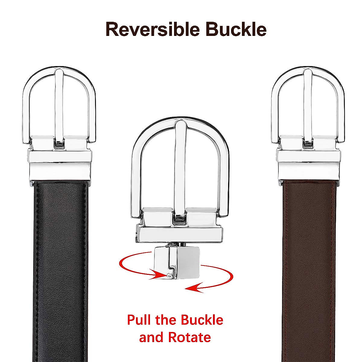 Falari Women Reversible Belt Genuine Leather Fashion Dress Belt With Single Prong Buckle 6027 (Black/Dark Brown, L (fit waist 26-38))