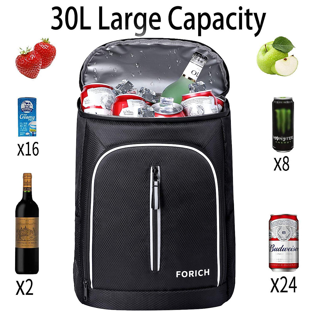 FORICH Soft Cooler Backpack, 30L Capacity, Black, Polyester, Ice Chest