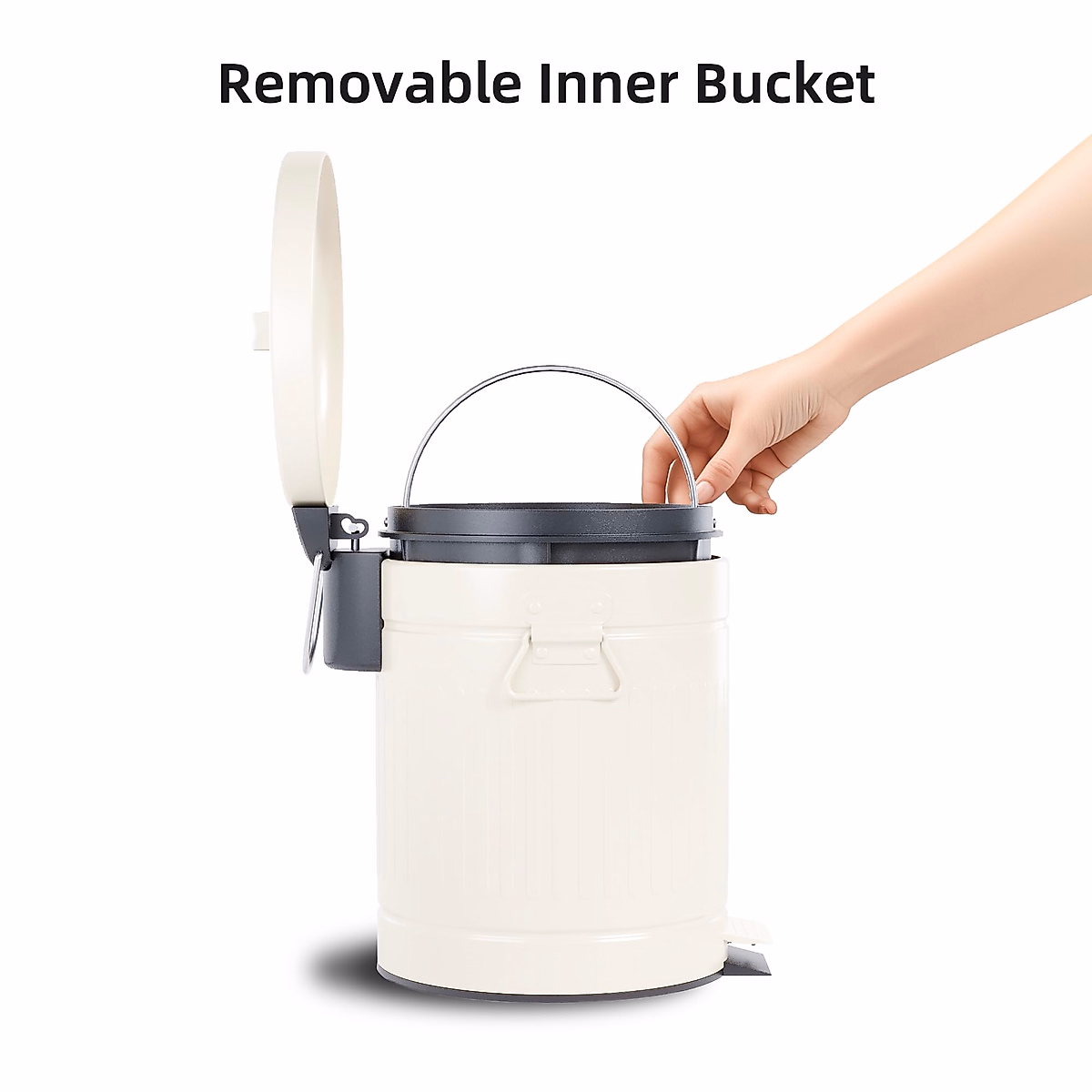 Qflushor Smll Bathroom Trash Can with Lid, 1.3 Gallons Soft Close Garbage Can with Foot Pedal, Round Step Wastebasket for Bedroom, Office, Living Room, 5 Liters / 1.3 Gallons, Cream White