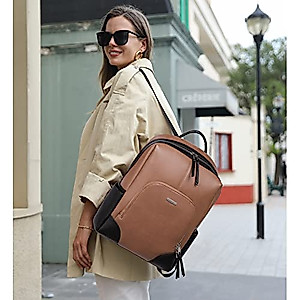 CLUCI Womens Laptop Backpack Leather 15.7 Inch Computer Backpack Travel Vintage Daypack Brown with Black