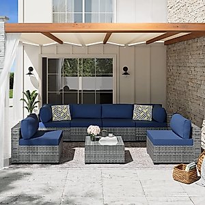 SUNLEI 7pcs Patio Conversation Sets Outdoor Furniture Sets, High Back All-Weather Rattan Sectional Sofa with Tea Table&Washable Couch Cushions(Silver Rattan) (Aegean Blue)