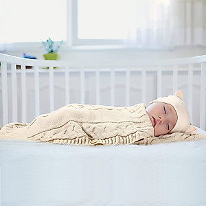 Newborn Baby Wrap Blanket Knit Sleeping Bag Receiving Blankets Stroller Wrap Newborn Baby Hat Bear Ears Infant Caps and Baby Mittens Gloves Gift for Christmas for 9-12 Months Boys Girls(Light Gray)