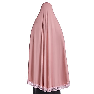 Women's Elegant Hijab Lace Trim Middle Eastern Islamic Jilbab Prayer Veils Headcover Headscarf Pink M