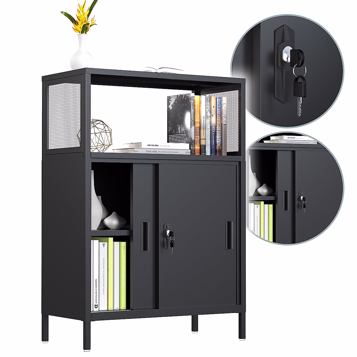 Hak Modern Metal Storage Cabinet Mobile Sliding Door with Lock | Adjustable Shelves | Multifunctional Storage Solutions for Dining Room, Kitchen, Living Room, Hallway