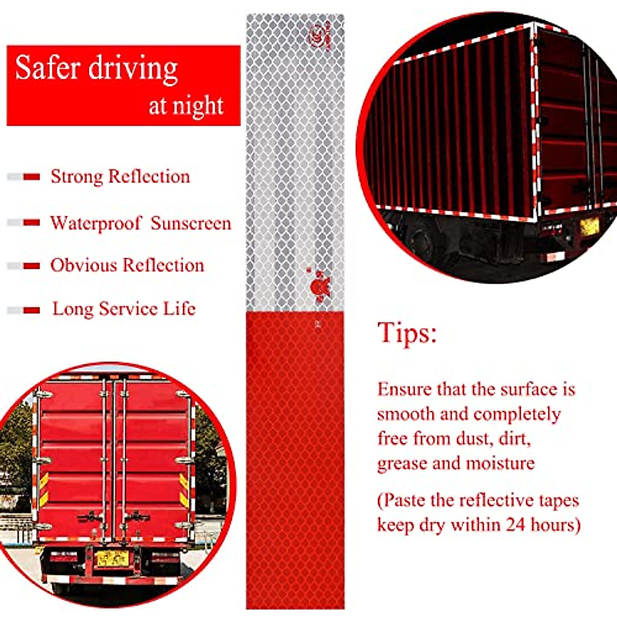 Reflective Tape, Self-Adhesive Reflective Tape Outdoor Waterproof Safety Caution Warning, Trailer Reflector - for RVs, Cars, Trucks, Trailers, Boats, Road Signs(Red/White), 2" × 12"- 20 Pack