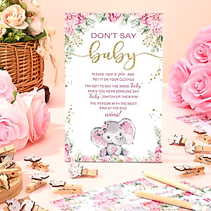 Patelai 321 Pcs Baby Shower Games Supplies, 5 Sets (50 Cards Each) Activities Cards with 20 Pencils 1 Don't Say Baby Sign 50 Clothespin(Pink Elephant)