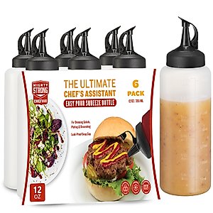 6 Pack Condiment Squeeze Bottles for Sauces - 12 Oz Squirt Bottles for Liquids, Easy Pour Sauce Bottles with Leak Proof Snap Cap, Condiment Bottles, Plastic Squeeze Bottles for Liquids, Ketchup, Oil