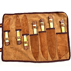 Professional Handmade Damascus Kitchen Chef Knife Set with Bone handle and Damascus Steel Blade, Kitchen Knife set with Leather Roll Bag (1064)