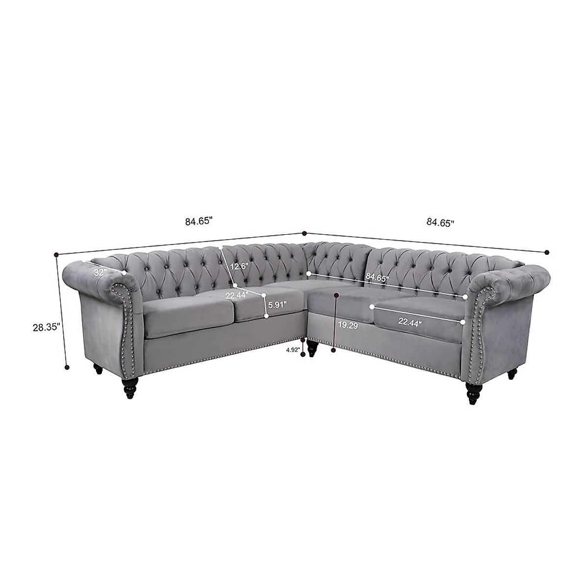 RARZOE Chesterfield L Shaped Sectional Sofa, Deep Button Tufted Velvet Sofa, Upholstered Rolled Arm Classic Chesterfield Settee Sofa, Modern 5 Seater Couch Furniture for Living Room, Grey