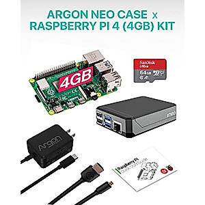 Argon NEO x Raspberry Pi 4 4GB Kit | Aluminum Case | 64 Gig SD Card | Micro HDMI to HDMI Cable | 18W Type-C Power Supply | Quick Start Guide