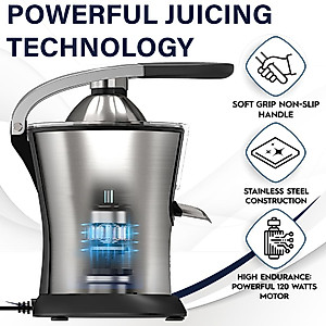 Eurolux Premium Electric Orange Juicer | Stainless Steel Citrus Squeezer With New Ultra-Powerful Motor and Soft Grip Handle for Effortless Juicing, Auto Shutoff, Dishwasher-safe Parts, Pulp Control