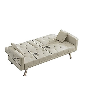 Tufted Recliner Sofa, YOGLAD Convertible Fabric Sofa Bed, Modern Style Futon with Cup Holder, Couch with Metal Legs & Pillow, for Living Room, Apartment (Beige, Linen Sofa, 75"*30")