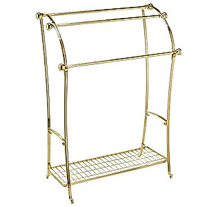 mDesign Large Standing Metal Bathroom Towel Holder Stand with Shelf - 3-Tier Towel Rack Stand for Hanging Bath, Hand, and Fingertip Towels - Towel Stand for Bathroom - Hyde Collection - Soft Brass