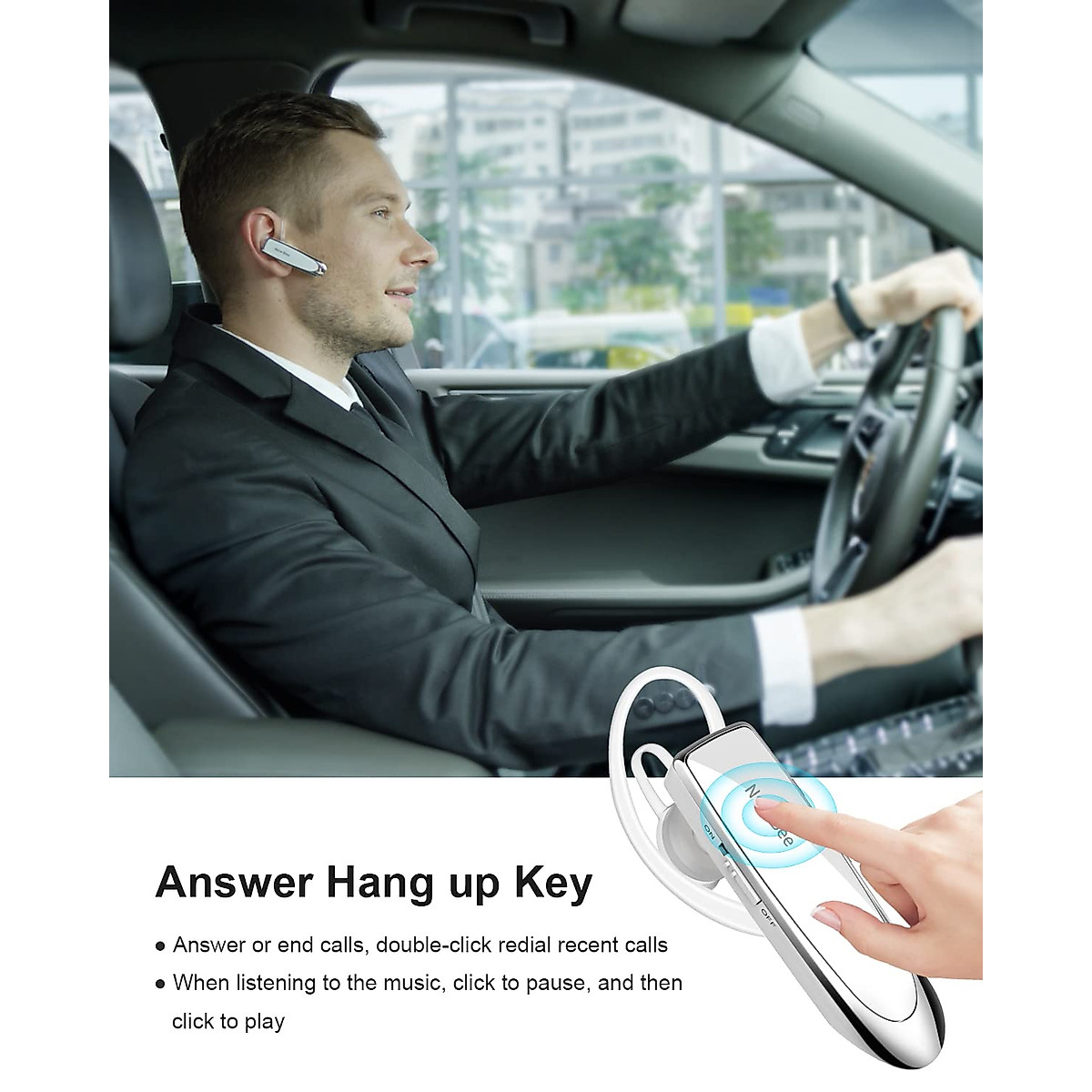 New bee [2 Pack] Bluetooth Earpiece V5.0 Wireless Handsfree Headset 24 Hrs Driving Headset 60 Days Standby Time with Bluetooth Headset for iPhone Android Laptop Truck Driver(White)