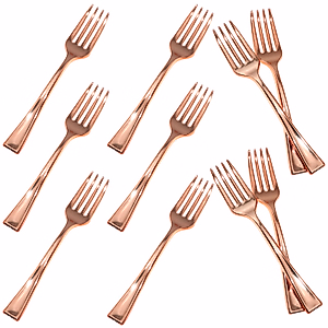 Lind Kitchen 24PCS 9.8cm Disposable Rose Gold Mini Fork Mini Plastic Tasting Forks Disposable Mini Fork Fruit Dessert Pudding Fork for Appetizer Desserts Cocktail Cake Fruit Wedding Party