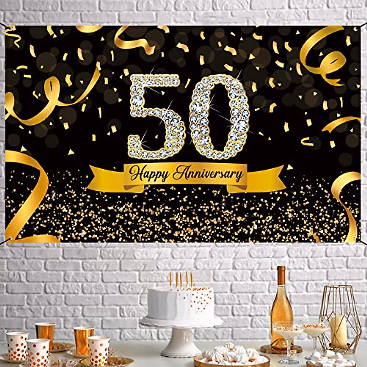 DARUNAXY Black Gold 50th Anniversary Party Decorations Happy 50th Anniversary Banner Cheer to 50 Years Backdrop 50 Wedding Anniversary Party Supplies for Parent 50th Anniversary Photography Background