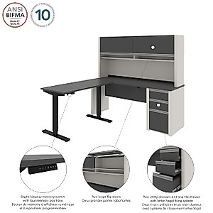 BESTAR Connexion L-Shaped Standing Desk with Pedestal and Hutch, 72W, Slate/Sandstone