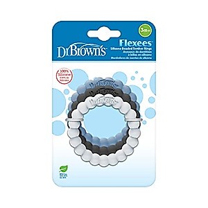 Dr. Brown’s Flexees Beaded Teether Rings, 100% Silicone, Soft & Easy to Hold, Encourages Self-Soothe, 3 Pack, Blue, Light Blue, Black, BPA Free, 3m+