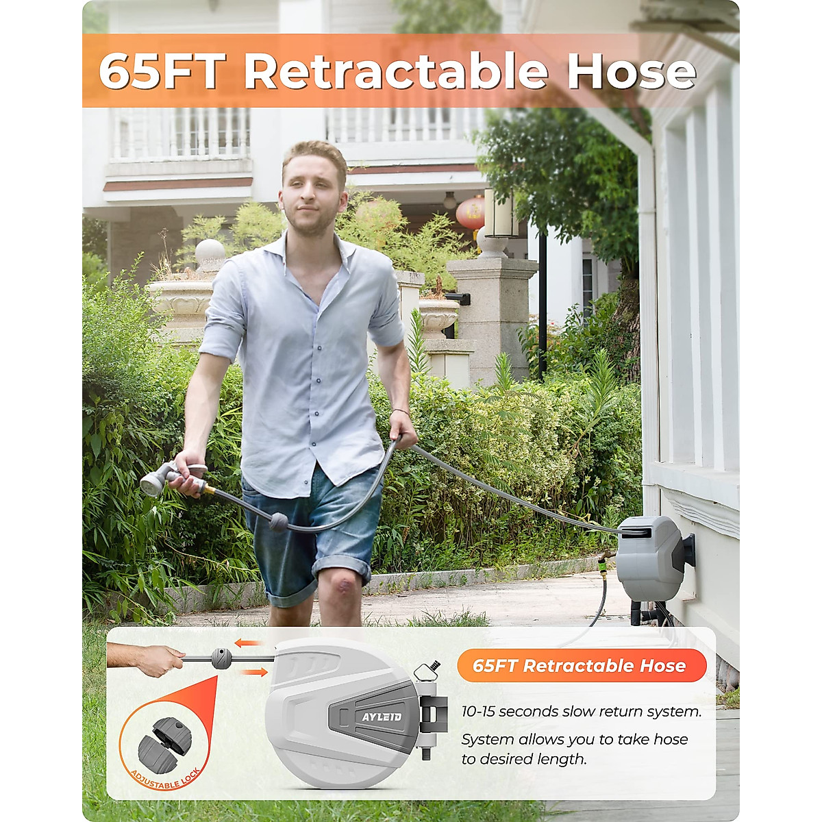 Ayleid Retractable Garden Hose Reel,1/2 in x 65 ft Wall Mounted Hose Reel, with 9- Function Sprayer Nozzle, Any Length Lock/Slow Return System/Wall Mounted/180°Swivel Bracket (Grey)