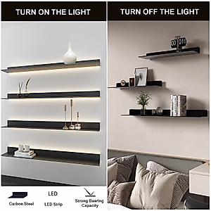 SUZEPER Floating Shelves with Led Lights,floating Display Shelf with Built-in Illuminated Led Light,metal Wall Mounted Shelves Set of 2,hanging Display Rack Wall Shelf for Livingroom Kitchen Bathroom