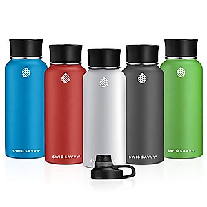 Swig Savvy Sports Water Bottle, Vacuum Insulated Stainless steel, Double Wall, Wide Mouth 2 Leakproof Lid, Travel Thermos - 30oz (Black)