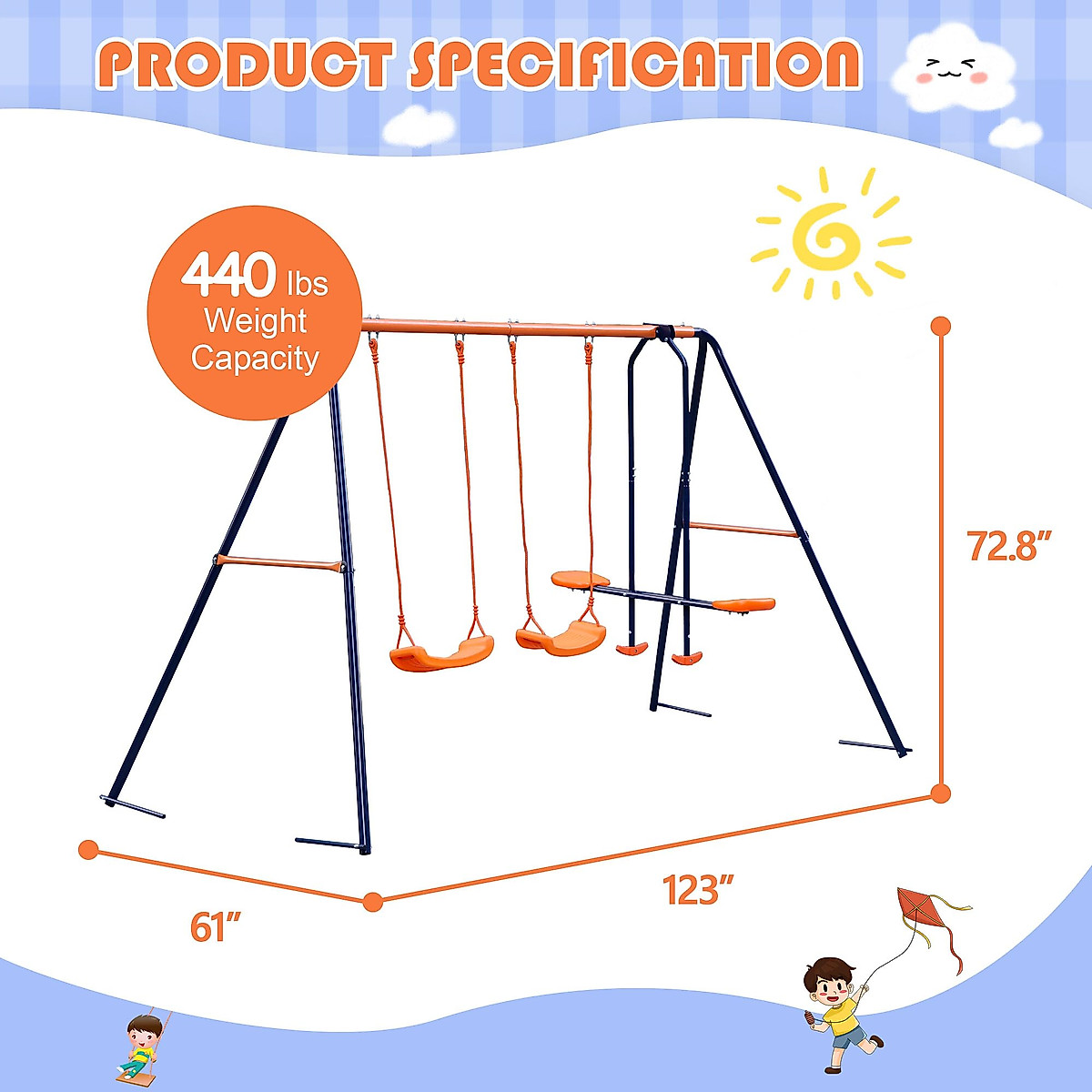 Nova Microdermabrasion Outdoor Swing Sets for Backyard, 440lbs Load Capacity Swing Stand with 2 Seats and 1 Swing Glider, Heavy Duty A-Frame Metal Outdoor Swing Set for Kids