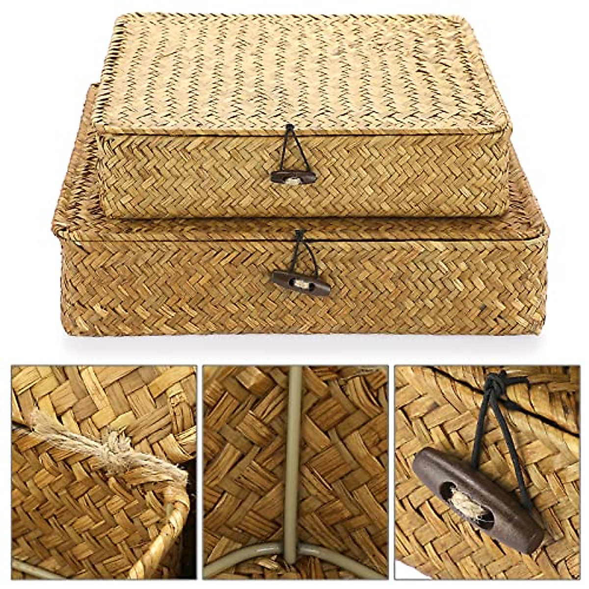 Hipiwe Set of 2 Flat Woven Wicker Storage Bins with Lid Natural Seagrass Basket Boxes Multipurpose Home Organizer Bins Boxes for Shelf Organizer, Caramel