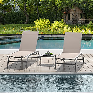 Domi Chaise Lounge Outdoor Set of 3, Lounge Chairs for Outside with Wheels, Outdoor Lounge Chairs with 5 Adjustable Position, Pool Lounge Chairs for Patio, Beach, Yard, Deck, Poolside, Khaki