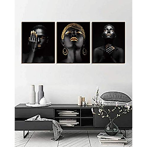 African American Wall Art Painting Black Woman Fashion Pop Gold Earrings Black Set of 3 (8”X10” Canvas Picture) Queen Portrait of Black Woman Room Poster Art Painting Bedroom for Home Decor Gift