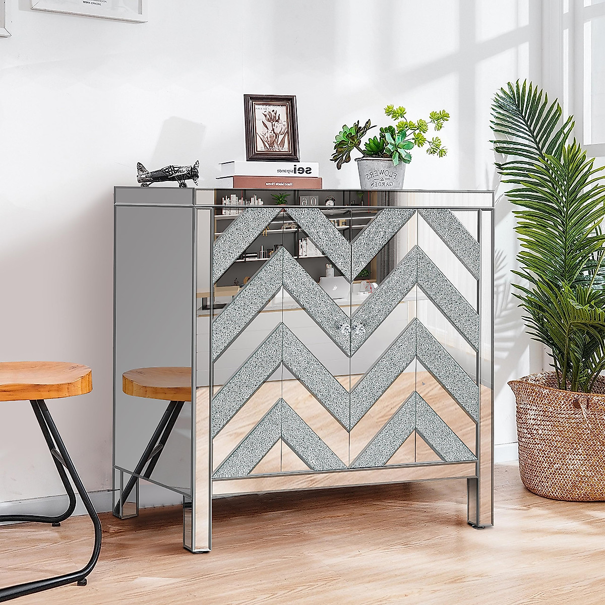 LUMISOL Silver Mirrored Cabinet, Modern Sideboard Cabinet for Entryway Living Room, Floor Cabinet with Crystal Design Handle, Accent Cabinet, Silver White