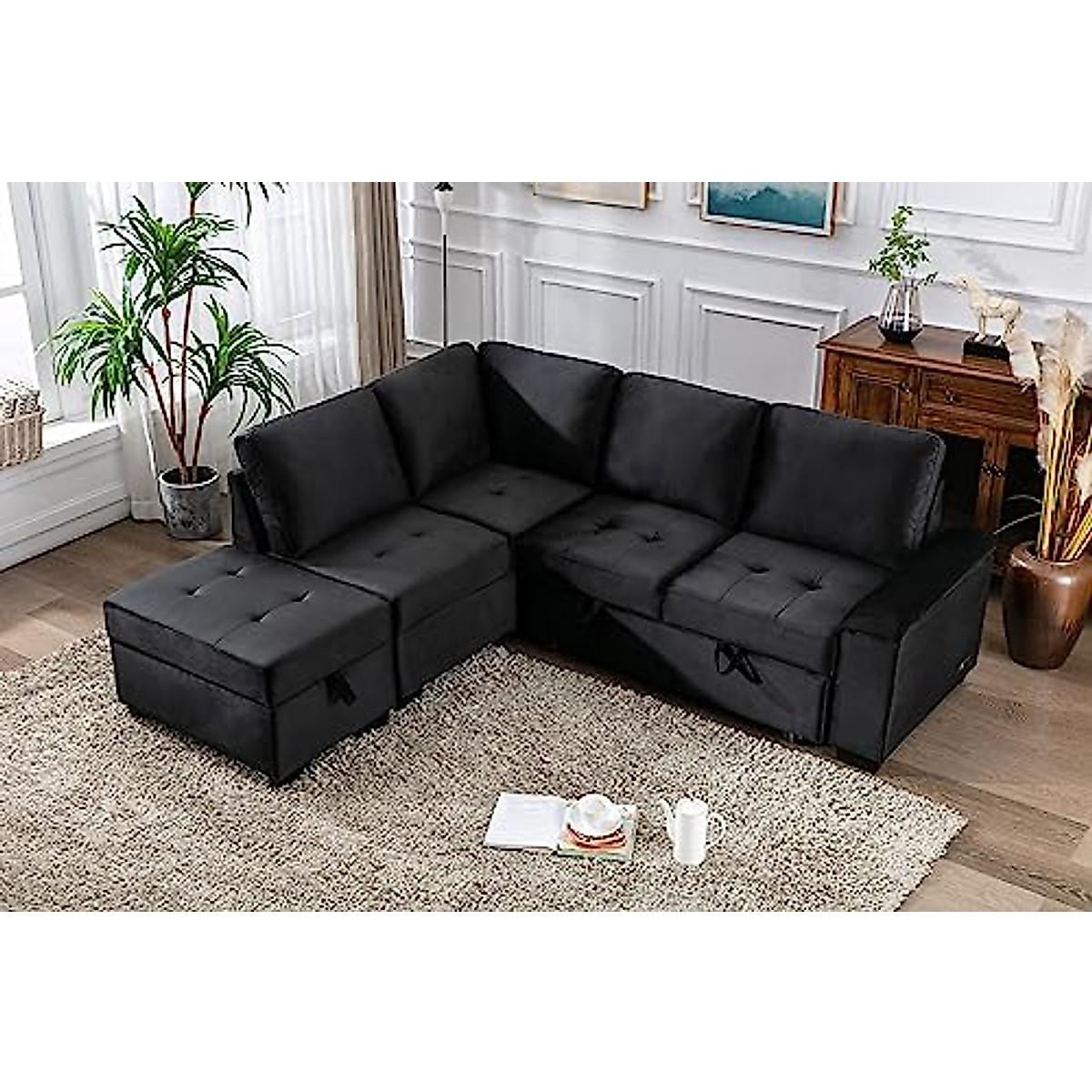 Merax Sofa Bed Sleeper Couch L Shaped Sofa with Storage Ottoman, L-Shape Sectional Couch with Comfortable backrest for Living Room and Small Apartment (Black)