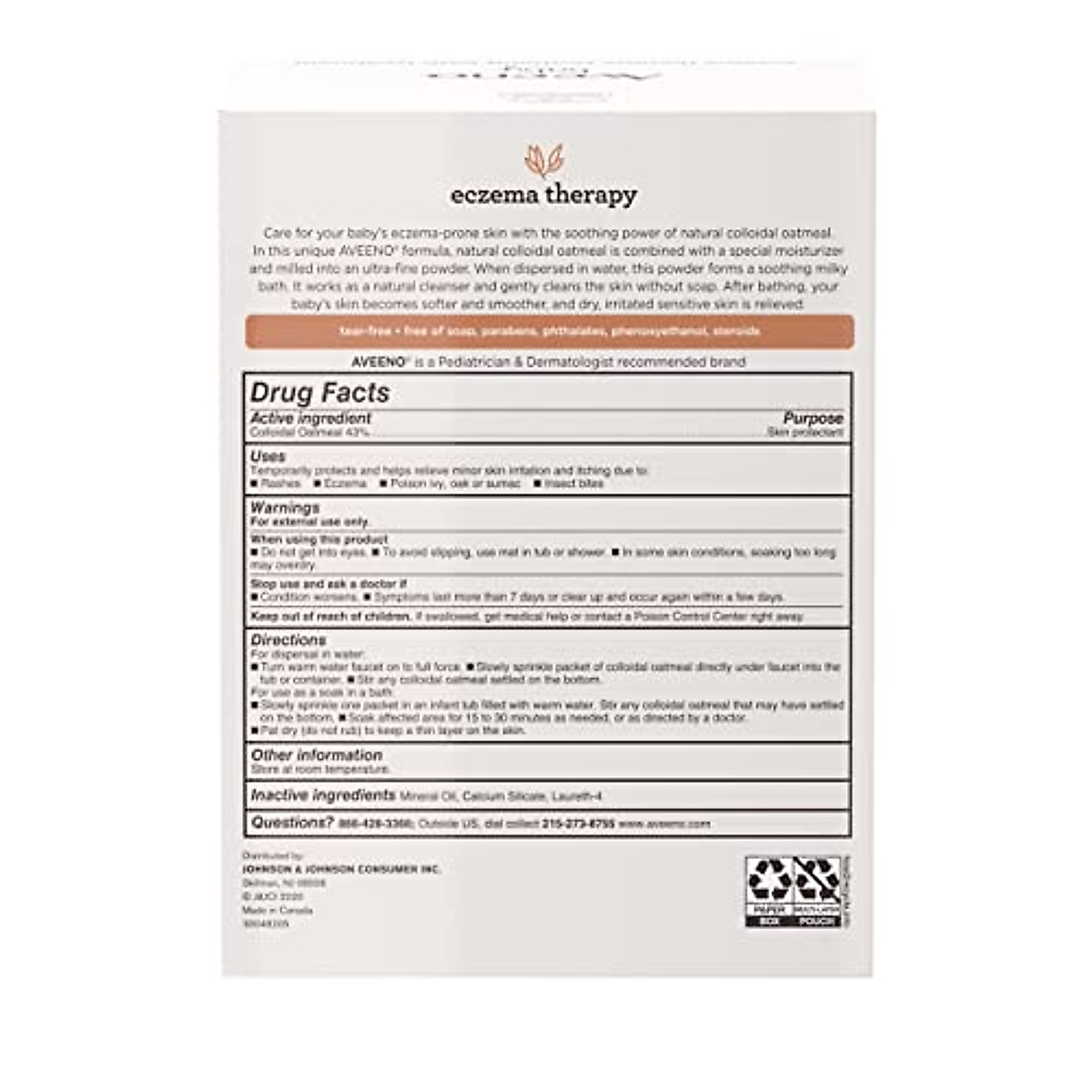 Aveeno Baby Eczema Therapy Soothing Bath Treatment for Relief of Dry, Itchy & Irritated Skin,Made with Natural Colloidal Oatmeal, Fragrance-Paraben-, Steroid- & Tear-Free, 10 ct ( Packaging May Vary )