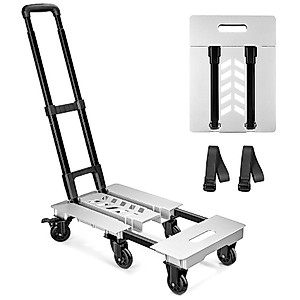 KEDSUM Aluminum Panel Folding Hand Truck Dolly, 90 & 135° Foldable Dolly Cart, Heavy Duty Luggage Cart, Platform Cart Utility Cart with 6 Wheels & 2 Lashing Straps for Moving, Travel, Shopping Use