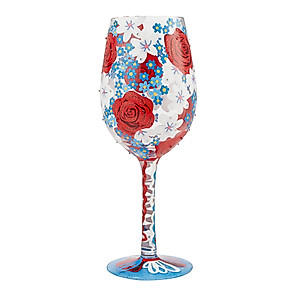 Enesco Designs by Lolita Red, White and Bloomed Floral Hand-Painted Artisan Wine Glass, 1 Count (Pack of 1), Multicolor