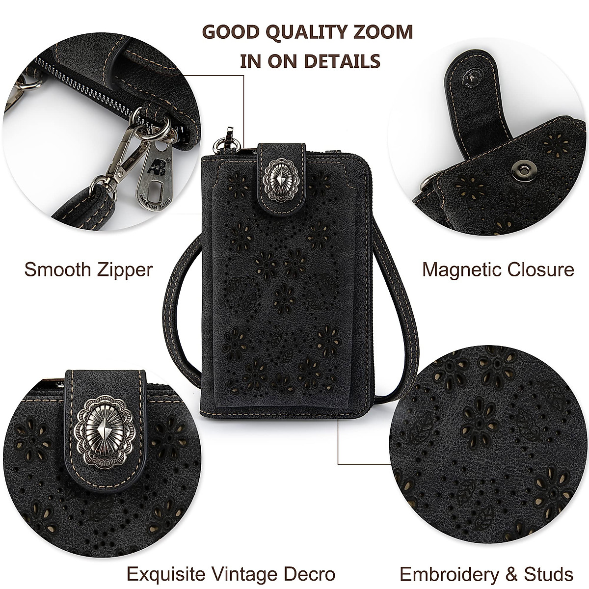 Montana West Crossbody Cell Phone Purse For Women Western Style Cellphone Wallet Bag Travel Size With Strap PHD-120BK