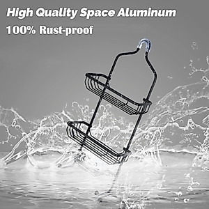 Vuskly Shower Caddy Over Shower Head, Aluminum Hanging Shower Organizer with 3 Shelf and 2 Hooks,Strong Suction Cups, Wide Space Shower Caddy for Shampoo and Soap, Black, 11x4.9X 24.8 inches