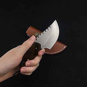 HUAAO Mini Cleaver Knife EDC Small Fixed Blade Knife with Sheath, 2.7'' 7Cr13MoV Steel Blade Wood Handle, Small Cleaver Knife, 4.9 oz