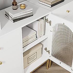 finetones White Dresser, Modern Dresser White and Gold Dresser with Waveform Glass Door and Gold Metal Legs, Gold Dresser Storage Chest of Drawers for Home