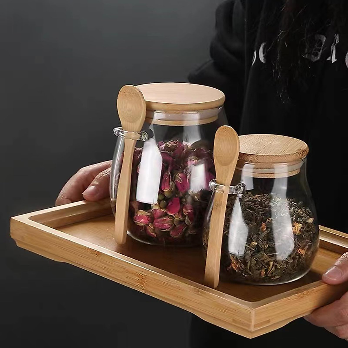 DNIENKGE Airtight glass jar storage container with bamboo lid Set of 2, wide mouth, leak-proof, With a spoon, can be used for coffee beans, tea leaves, grains, dried fruits, etc (Small)