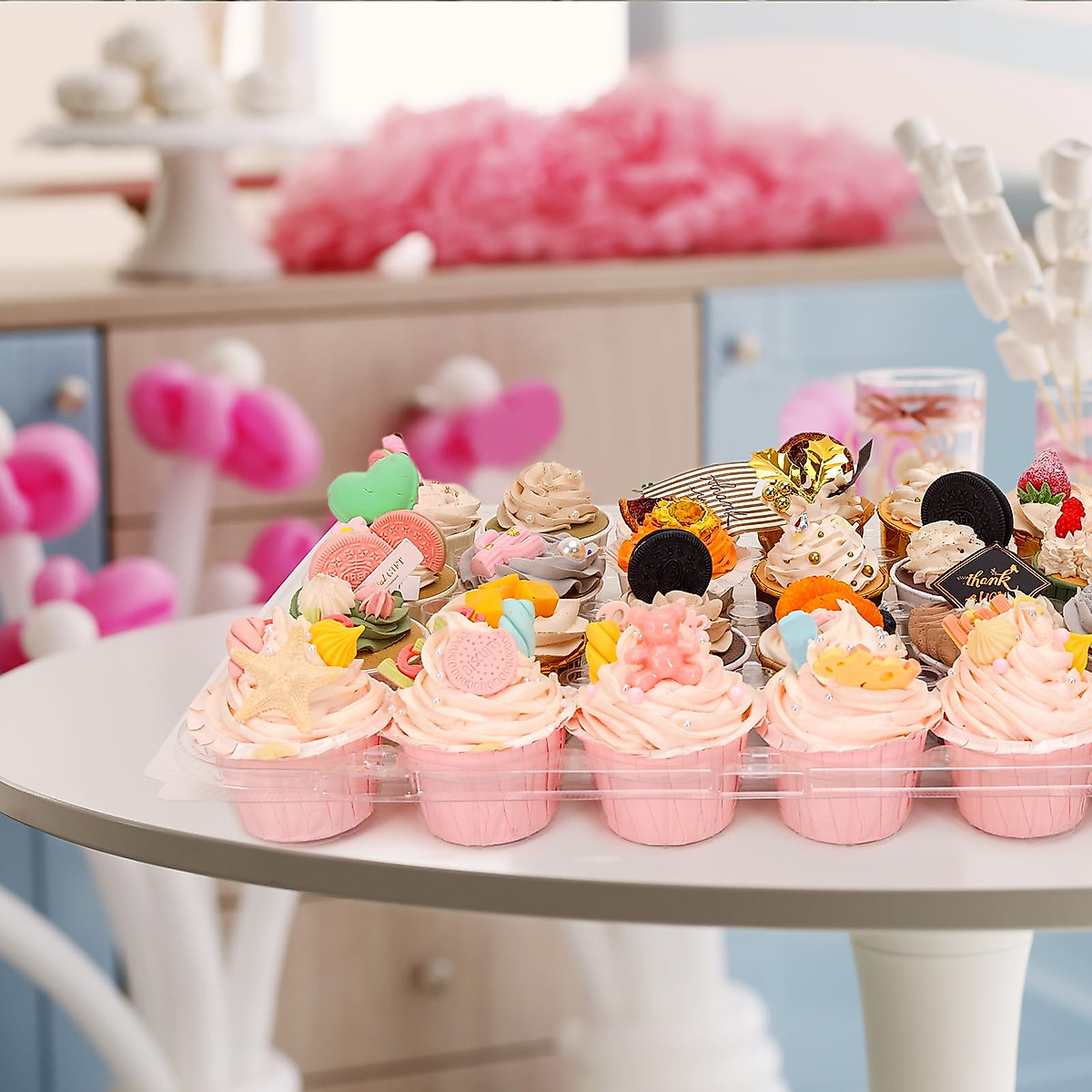 Moretoes (12 Pack x 24 Sets Cupcake Containers, Cupcake Boxes with 300 Cupcake Liners, 24 Compartment Cupcake Carrier Holders, Plastic Cupcake Containers with Detachable Lid