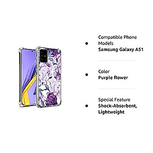 Leychan for Galaxy A51 Case, Slim Flexible TPU for Girls Women Airbag Bumper Shock Absorption Rubber Soft Silicone Case Cover Fit for Samsung Galaxy A51 (Purple Flower)