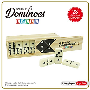 ERLLE Dominos Set Game. Premium Classic 28 Pieces Double Six Domino. Durable Wooden Box. Kids, Boys, Girls, Party Favors and Anytime Use. Duoble 6 Dominoes.(Wooden Pro)