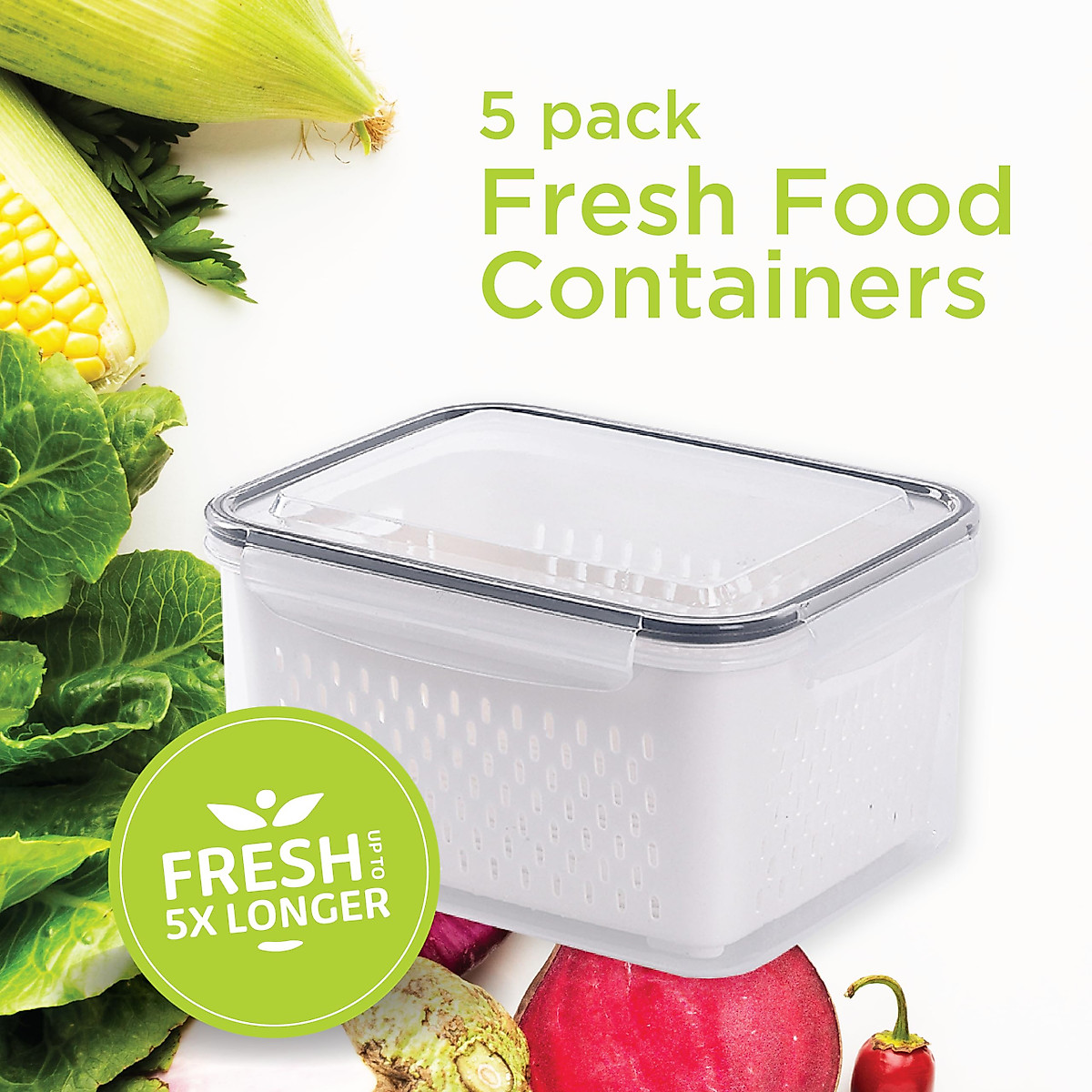 AVUX Fruit Storage Containers for Fridge (5 Pcs) Air Tight Food Storage Bins with Lid | Leak-Proof Rectangular Containers to Keep Fruits, Berries, Veggies, and Salad Fresh for Longer