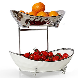 Acliys Fruit Bowl, Ceramic Fruit Basket, 2 Tier Serving Stand Serving Bowl with Metal Rack, Porcelain Kitchen Bowls for Vegetable Storage Snack Nuts Dessert Cake Tray for Party Wedding…