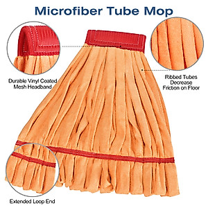 Matthew Cleaning Microfiber Tube Mop(Meduim,Orange,12Pack) Heavy Duty Mop Head Replacement,Excellent Absorbency,Premium launderability,Reusable,Loop end for Home,Commercial and Industrial Use