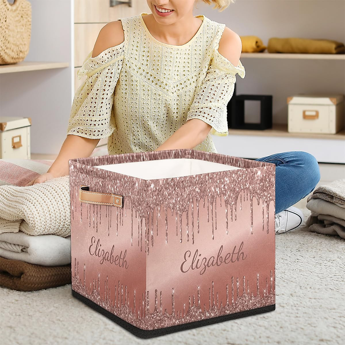 RIRIX Personalized Storage Bin, Custom Storage Baskets for Organizing with Handles, Foldable Storage Box for Closet Cloth Baskes Toy Rose Gold Dripping Glitter