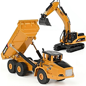 Qcar Construction Dump Truck Excavator Toys, Heavy Duty Alloy Construction Vehicles, 1:50 Scale Diecast Site Digger and Dumper Set, Toy Trucks for Kids 8,9,10,11,12 Year Old and up(2Pcs)